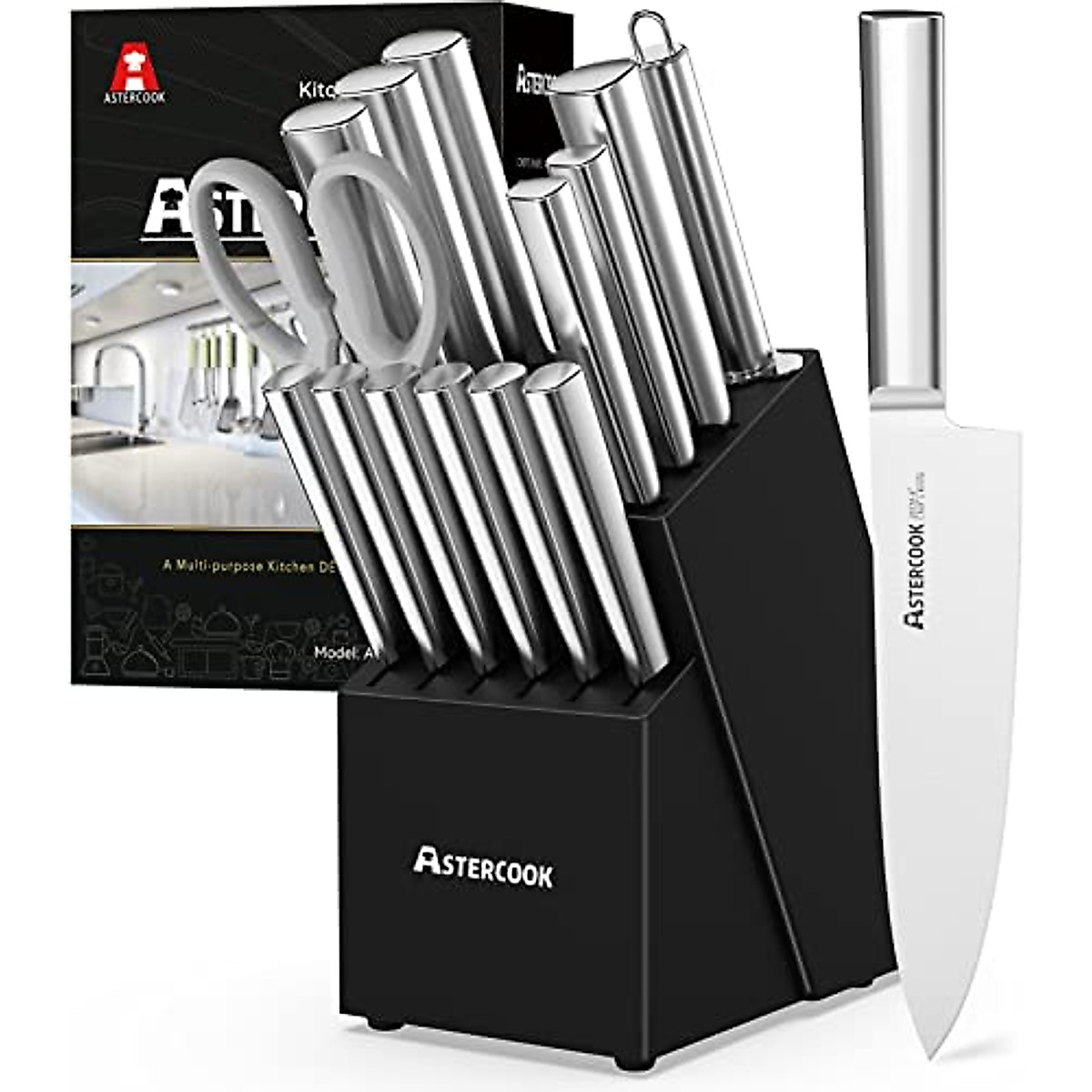 Knife Set, 15 Pieces Chef Knife Set with Block for Kitchen, German Stainless Steel Knife Block Set, Dishwasher Safe, Best Gifts, Silver Knives & Elegant Black Holder