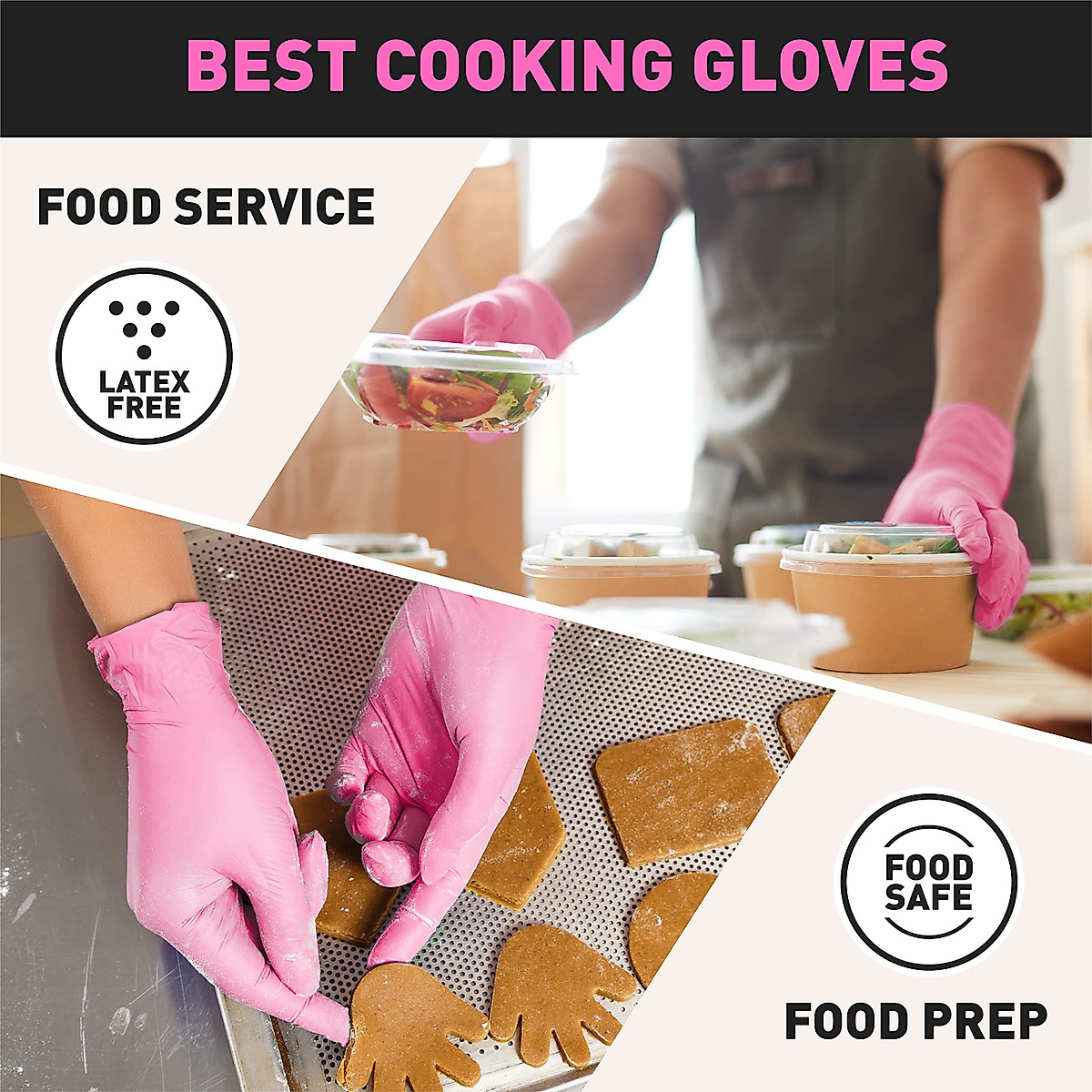 OKIAAS Black/Pink Vinyl Gloves Disposable Latex Free, Food Safe, Powder Free, 5 Mil Thickened for Cooking, Cleaning, Food Prep, Baking, Hair Dye, Tattoo, X-Small, 100 Count