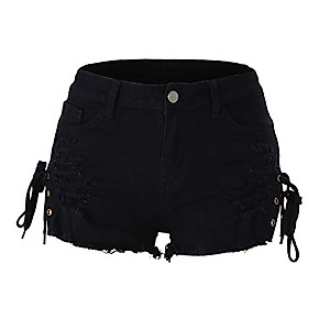 Fashion Slim Shorts ,THENLIAN Women Ladies Mid Waist Hole Jeans Skinny Bandage Hot Pants Shorts Denim Trousers(XL, Black)