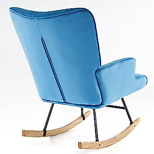 Kosydown Basic Blue Rocking Chair, Velvet Rocking Chair Nursery, Upholstered Comfy Armchair with High Backrest for Living Room Bedroom Offices, Solid Wood Legs Reading Chair