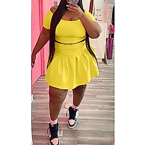 Women's Skirt Sets 2 Piece Club Outfits Plus Size Summer Sexy Off Shoulder Crop Tank Top Mini Dress Yellow XL