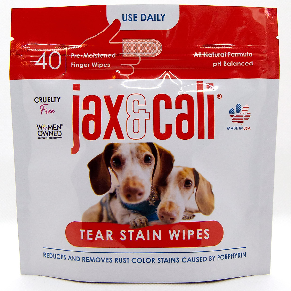 JAX & CALI Tear Stain Wipes for Dogs and Cats, All Natural, Non-Toxic, Non-Irritating Ingredients, Eliminates Most Porphyrin Stains, for Healthy Eye Function, 40 Pre-Moistened Finger Wipes