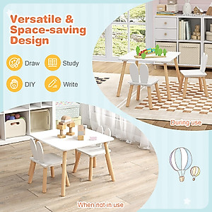 HONEY JOY Kids Table and Chair Set, Children Wooden Activity Table & 2 Chairs Set, Solid Wood Legs, Easy Assembly, 3 Piece Rabbit Themed Toddler Furniture Set for Art Craft (White)