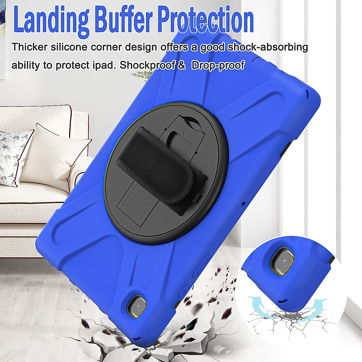 Rugged Case for Samsung Galaxy Tab A7 10.4" 2022/2020(SM-T500/T503/T505/T507/T509), Portable Hybrid Shock-Proof Cover with 360° Rotatable Hook&Loop Handle,Shoulder Strap (Blue)
