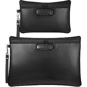 Nezyo Fireproof Safe Money Document Bag with Lock 2 Pcs Notary Journal Bag Waterproof Bag with Zipper for A4 Storage Pouch File Passport Tablet, 14 x 10 Inch and 6.7 x 10 Inch(Black, Horizontal)