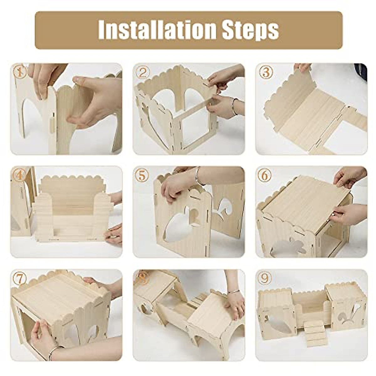 kathson Wooden Rabbit Castle Small Animals Hideout Bunny Playhouse Tunnel with Bridge Windows Spacious and Breathable Indoor Castle for Bunnies, Cat, Guinea Pig