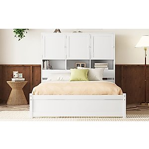 GM Ultra Queen Size Bed Frame with Storage Headboard, Bed Frame Queen Size with 4 Storage Drawers Cabinet, Platform Bed Frame Queen Size with Cabinet, No Box Spring Needed, Easy Assembly, White