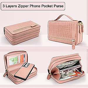 Harryshell Compatible with Samsung Galaxy S21 Ultra 5G (6.8") Case Wallet Multi Zipper Detachable Magnetic Cover Card Slots Holder Money Pocket Mirror Crossbody Strap (Crocodile Rose Gold)