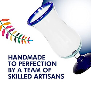 Amici Home Blue Rim Hurricane Glass | Set of 4 | Authentic Mexican Handmade Glassware | Bar Glasses for Pina Coladas, Cocktails, and Other Beverages | 16 Oz