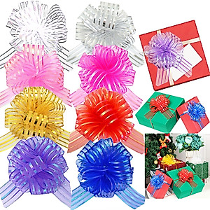 8 Pack Organza Pull Bow Gift Wrapping Bows, Multicolor Christmas Ribbon Pull Bows for Wedding Gift Baskets, Party Gift Wrap Bows, New Year Presents Decorating Bows 6 Inch Diameter