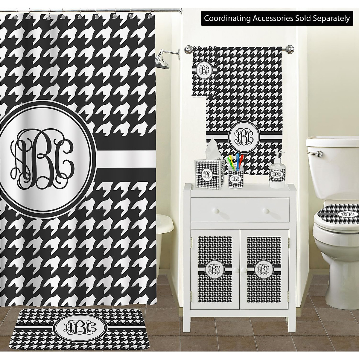 RNK Shops Personalized Houndstooth Waste Basket - Single Sided (Black)