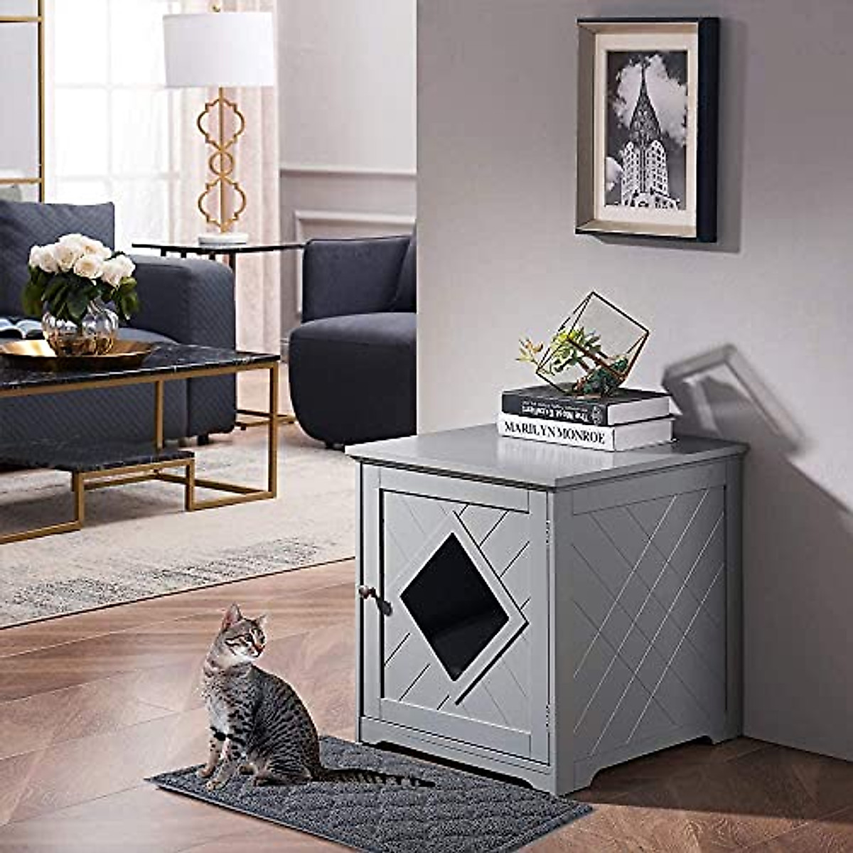 unipaws Cat Litter Box Enclosure with Mat, Privacy Cat Washroom, Litter Box Hidden, Pet Crate with Sturdy Wooden Structure, Cat House Nightstand