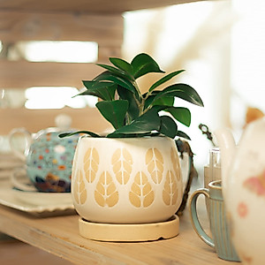 Chonsun Ceramic Planter with Saucer 6 Inch Plant Pots Indoor Oudoor Planter with Drainage Hole Flower Pots Succulent Plant Pots Mid-Century Ceramic Planter White