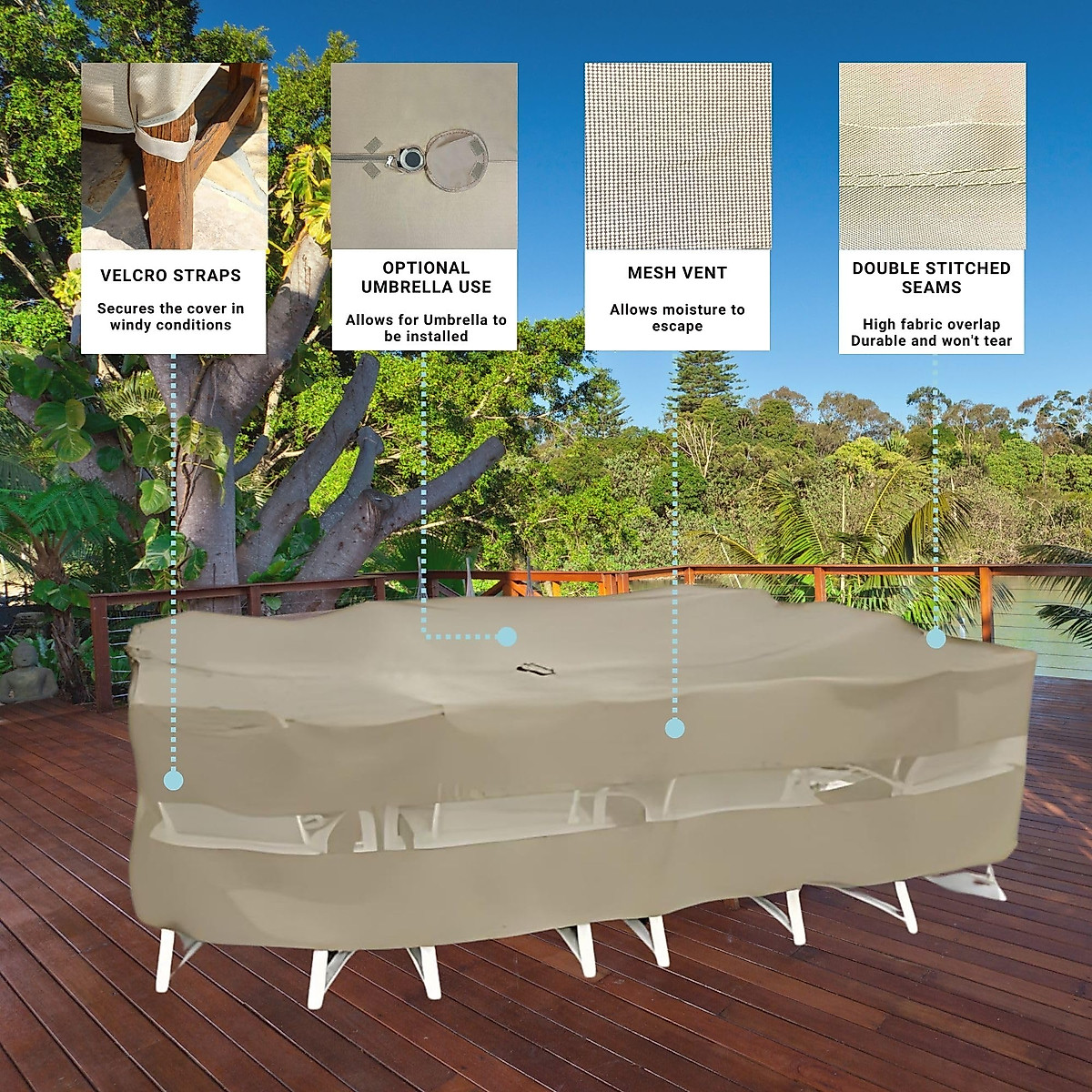 Formosa Covers | Premium Outdoor Patio Table Set Cover with Hole for Umbrella | 120" L x 86" W x 38" H | Weatherguard Material | Taupe