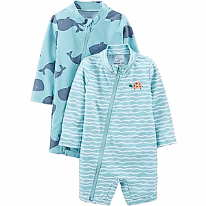 Simple Joys by Carter's Boys' 2-Pack 1-Piece Zip Rashguards, Turtle/Whale, 12 Months