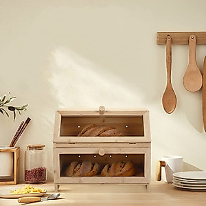 Bread Box Double Layer Bread Box for Kitchen Countertop Bamboo Bread Storage Container Bread Holder for 2 Large Loaves of Bread
