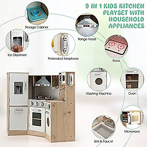HONEY JOY Kids Wooden Kitchen Playset with Range Hood, Microwave, Sink, Utensils, Phone - With Lights & Sounds