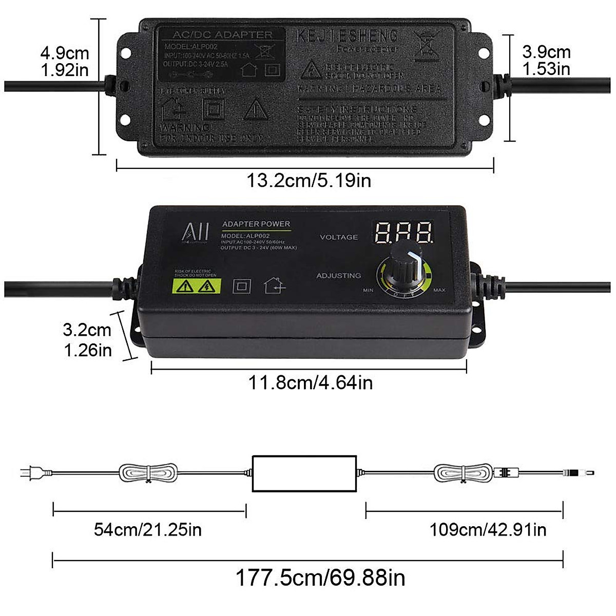 AlloverPower 3V - 24V 1.5A 36W Universal Adjustable DC Power Supply Kit AC Adapter Speed Control Volt Display ON Off Switch with Variable 8 Plugs