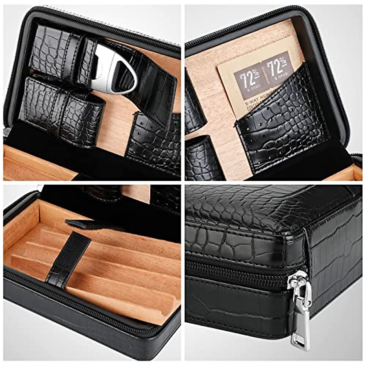 CiTree Cigar Case, Cedar Wood Travel Portable Leather Cigar Humidor with Cigar Lighter and Cutter, Black Crocodile Pattern