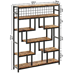 IRONCK Bookshelf and Bookcase 6-Tier 55 in Large Etagere Bookcase, Industrial Open Display Shelves Geometric Bookcase with Sturdy Metal Frame, Vintage Brown