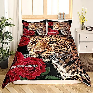 Custom Name Leopard Print Comforter Cover Red Rose Flower Duvet Cover Queen,Cheetah Bedding Set Big Cat Wildlife Bed Set Wild Animal Theme Bedroom Decor for Boys Girls Youth Men Women Female,Brown