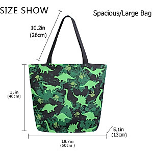 ZzWwR Stylish Green Dinosaurs Footprint PatternExtra Large Canvas Market Beach Travel Reusable Grocery Shopping Tote Bag Portable Storage HandBags