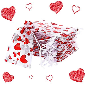 Bnsikun 50Pcs Organza Bags Jewelry Candy Pouches Sachet Bags Drawstring Organza Gift Bags for Wedding Party Valentines Day Baby Shower Christmas (Red Heart, 3.5 x 4.7 inch)