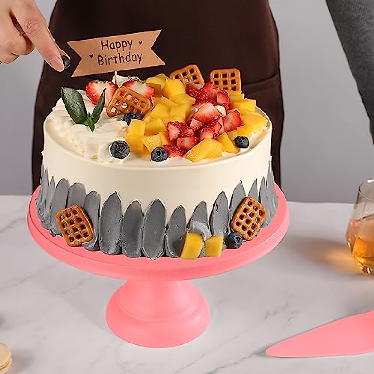 Round Cake Stand 9.84 Inch with Spatula, Salmon Colored Cupcake Stand Bamboo Fiber, Dessert Display Plates for Snacks, Cookies, Candy Dish for Birthday Parties, Weddings, Baby Shower