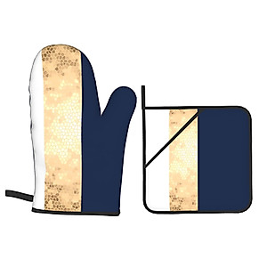 MUKJHOI Oven Mitts Pot Holders Set of 4 Heat Resistant Kitchen Waterproof Elegant Faux Gold Navy Blue White Stripes Women Men Home Cooking Baking Microwave BBQ Gift
