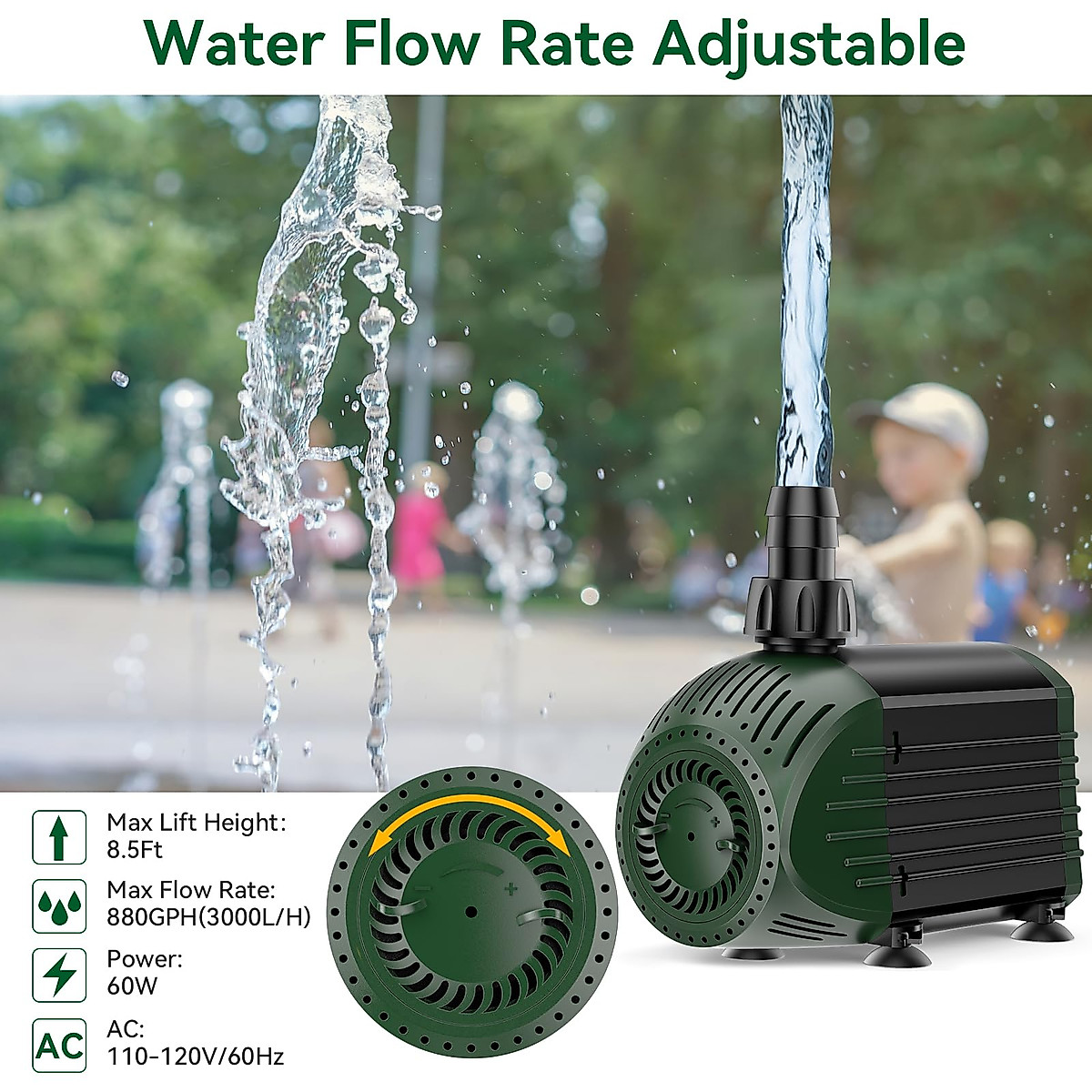 POPOSOAP Submersible Water Pump 880GPH(60W, 3000L/H), Fountain Pump with 8.5FT High Lift & 3 Nozzles, Ultra Quiet Aquarium Water Pump for Fish Tank, Outdoor, Pond, Waterfall, Hydroponics, Aquarium