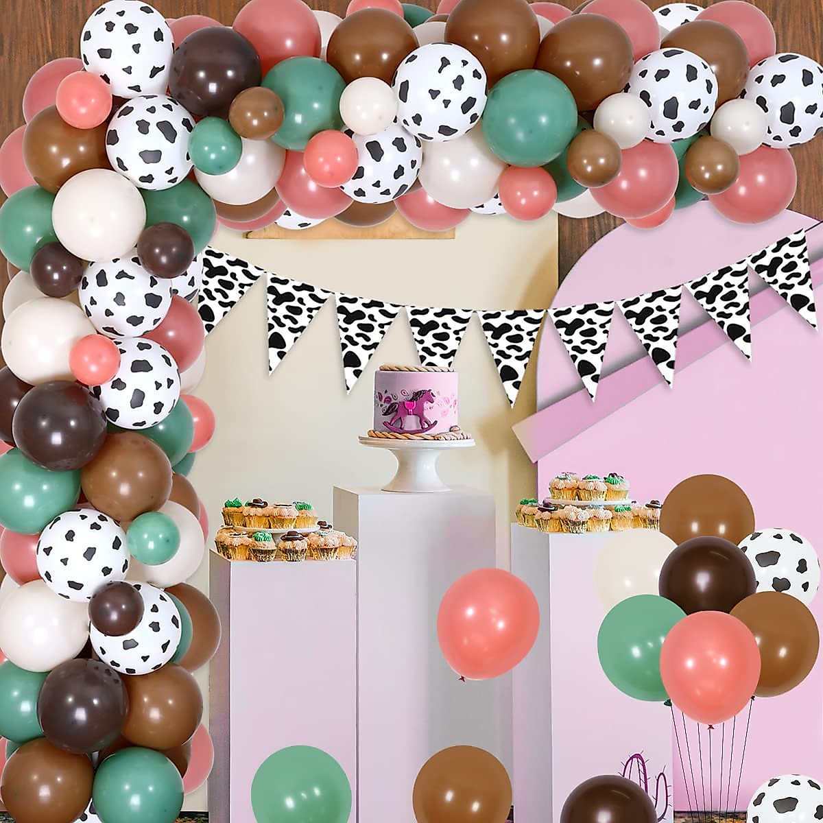 Cowgirl Balloon Garland Arch Kit 115pcs with Cow Print Pennant Banner for First Rodeo Birthday Party Decorations Western Last Rodeo Bachelorette Decor Farm Party Supplies