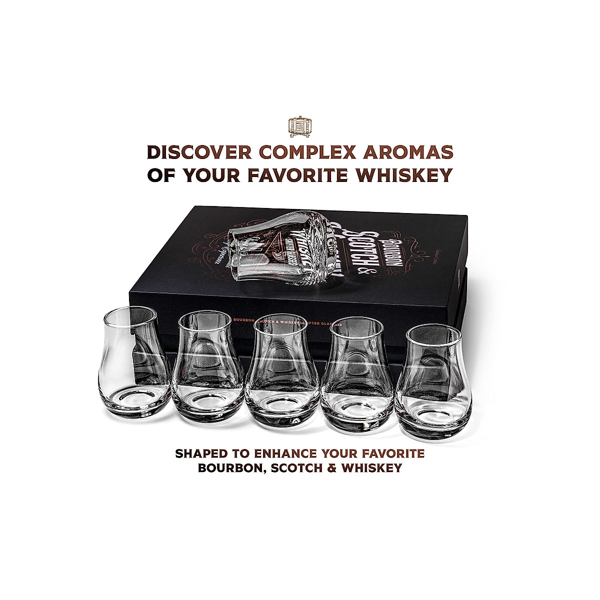 Whiskey, Scotch, Bourbon Tasting Glasses | Set of 6 | Professional 3.5 oz Stemless Tulip Shaped Tasting and Nosing Copitas | Small Crystal Snifters Gift Sniffers for Sipping Neat Liquor