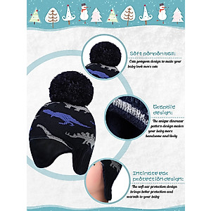 Baby Boy Hat Scarf Mittens Set Winter Warm Hat Knitted Beanie Gloves Toddler Fleece Mittens Earflaps (Navy Blue, Grey, Light Blue, 4-5 Years)