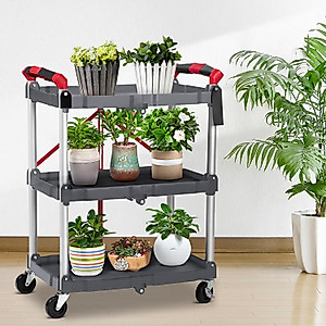 3-Tier Portable Folding Service Cart, Fold Up Rolling Cart, Collapsible Push Cart with Wheels, 56 Lbs Load Capacity per Shelf Folding Utility Carts for Home/Office/Warehouse Gery