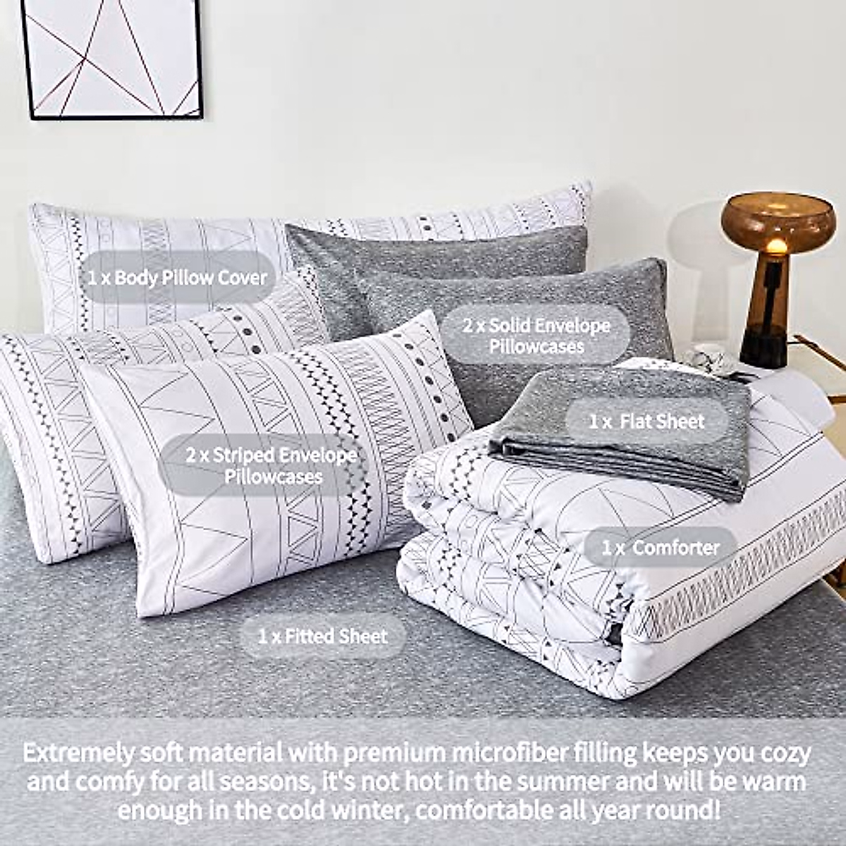 RYNGHIPY Boho Comforter Set Full Size: White Grey Geometric Bed in a Bag for Men Boys - All Season Comfoter with Sheets Pillowcases Soft Microfiber (White,Full Size)
