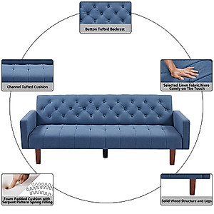 mikibama Tufted Linen Futon Sofa Couch Bed for Living Room Convertible Fabric Blue Upholstered Sleeper Futon Guest Bed Twin Size with Solid Wood Legs for Small Spaces