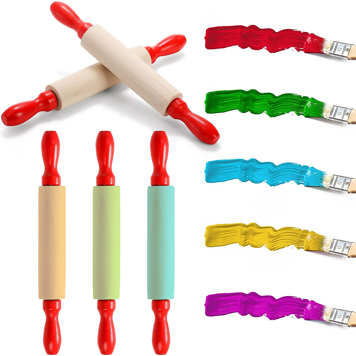 SOUJOY Set of 12 Mini Rolling Pin, 8 Inch Wood Dough Roller with Red Handle, Small Dough Rolling Pin for Craft Fondant Pastry Pizza Crafting and Imaginative Play