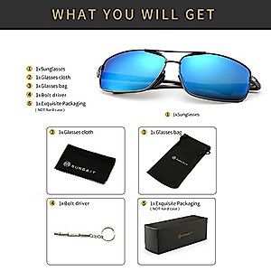 SUNGAIT Ultra Lightweight Rectangular Polarized Sunglasses UV400 Protection (Gunmetal Frame Blue Mirror Lens, 62) Metal Frame 2458 QKLA…