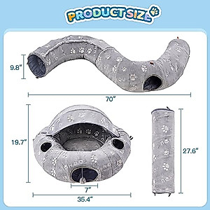 OUHOU Cat Tunnel Bed Tube with Plush Cover, Cat Tunnels for Indoor Cats, 3 Hanging Balls and 4 Peephole, Collapsible Self-Luminous Flannel Fabric for Large Cats, Bunny, Puppy