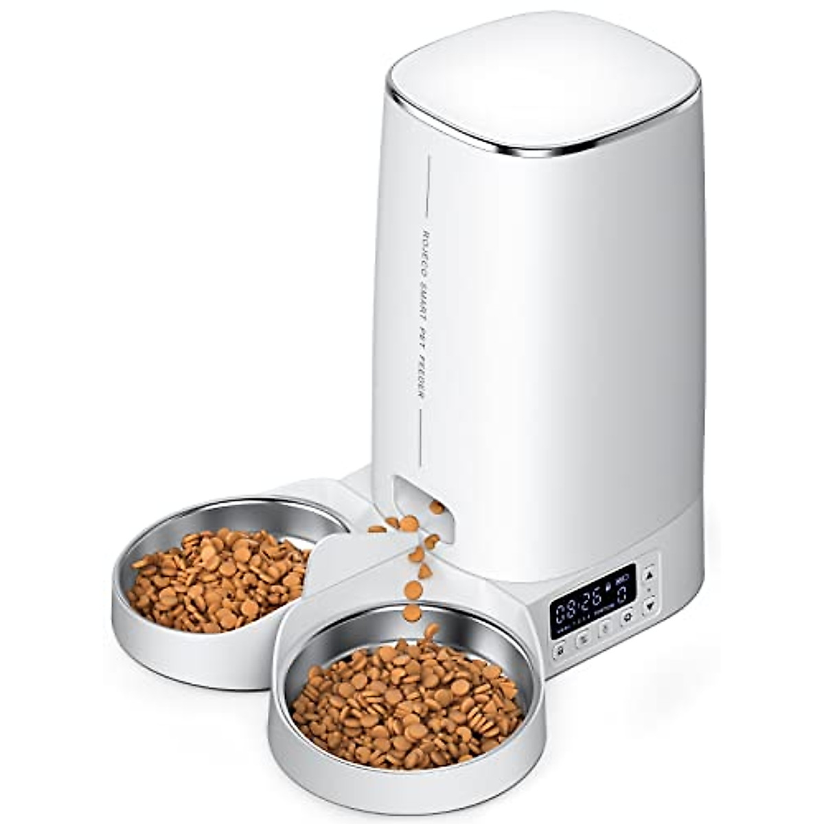 ROJECO Automatic Cat Feeders for 2 Cats, 4L Cat Dry Food Dispenser with Double Bowls, 1-4 Meals and 1-60 Portion Programmable, Dual Power Supply and Low Food Alarms, Timed Pet Feeder for Cats and Dogs