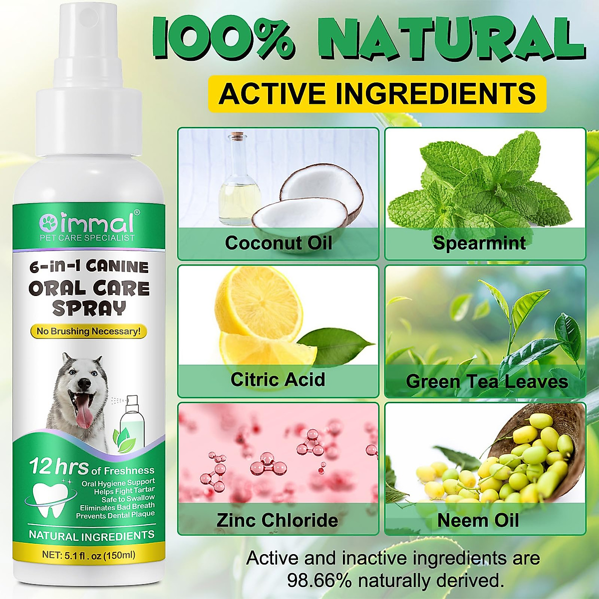 Oral Care Spray for Dogs, Pet Breath Dental Care Spray with Natural Ingredients, Dog Breath Freshener for Bad Breath, Plaque and Tartar, Pet Health Supplies Teeth Treatment Spray - 5.1 Fl Oz / 150ml