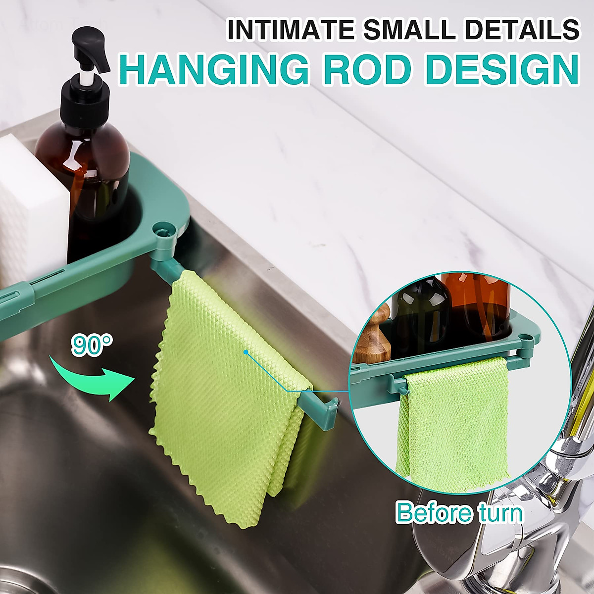 NiHome Telescopic Sink Caddy Adjustable Sponge Holder for Kitchen Sink Expandable Storage Drain Basket Sink Organizer Holder Dish Cloth Hanger for Home Kitchen (Green)