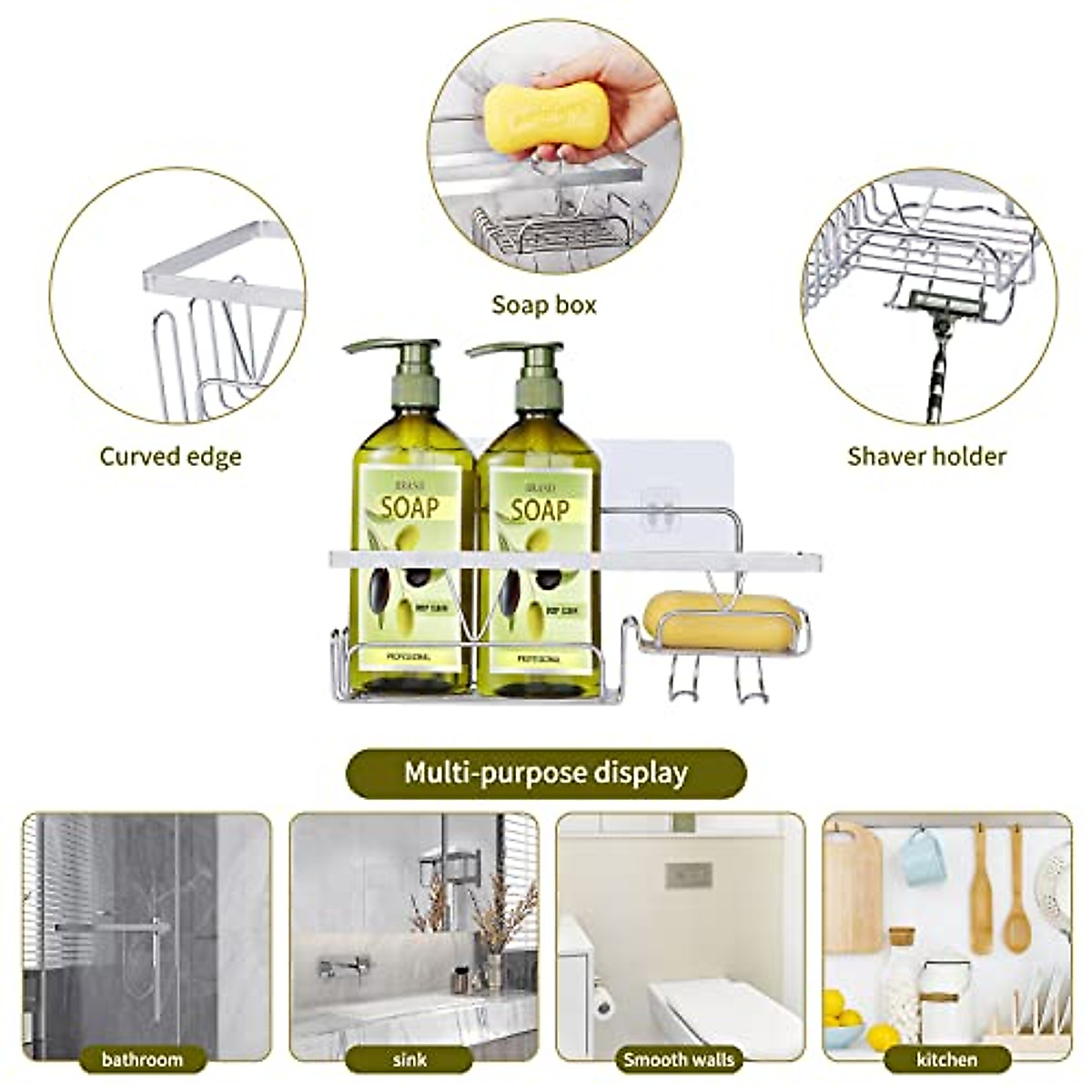 Meikeyi bathroom organizer shower caddy Shelf (2Pack) with1 Soap Dishes, No Drilling adhesive Stainless Steel bathroom Wall Mount shampoo holder storage