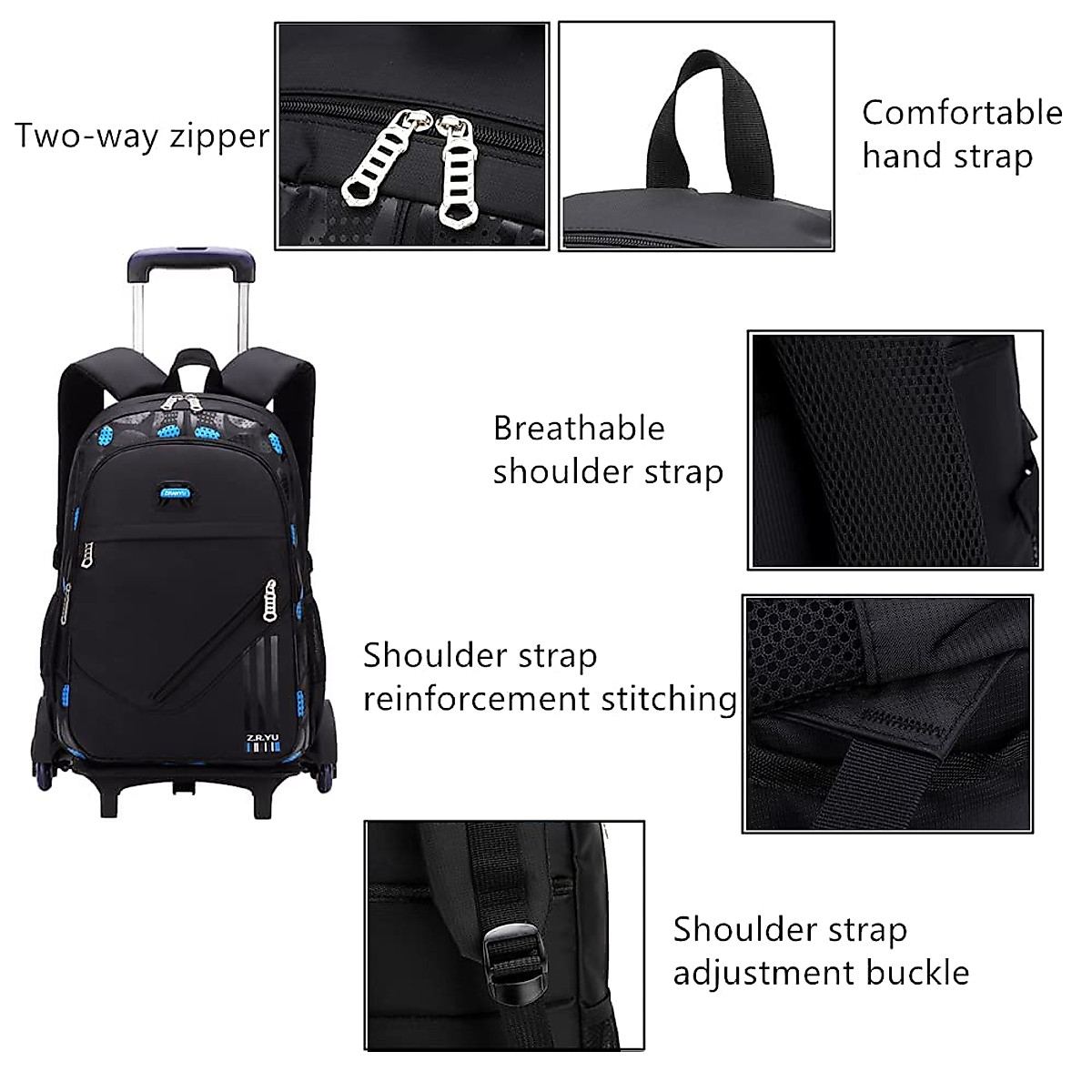 Boys Rolling Backpack Elementary and Middle School Trolley School Bag Large Capacity Wheeled Travel Bag Black/blue-two wheels