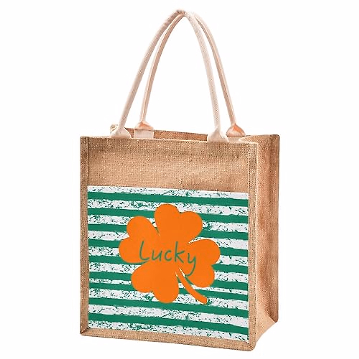 Jute Burlap Tote Bag Luck Clover Shamrock St Patrick's Day Spring Striped Green Orange Large Capacity Reusable Grocery Shopping Storage Bag