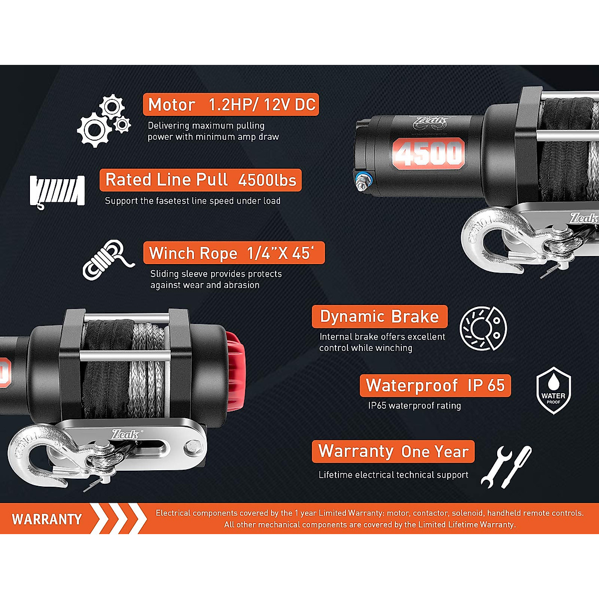 ZEAK 4500 lb Winch Kit, 12V 45 Feet Synthetic Rope, with Wireless Remote Bracket, for UTV Off Roading