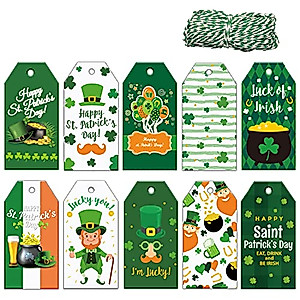 Doumeny 120Pcs St. Patrick's Day Gift Tags Green Shamrock Clover Paper Tags Happy St. Patrick's Day Hanging Labels Irish Gift Label Tags with 65.6 Feet Twines for Irish Holiday DIY Craft Gift Wrapping