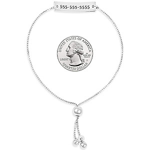 AJ's Collection Personalized Sterling Silver Adjustable Bracelet with Emergency Contact or ID Tag - Customize Front and Back with Name, Date, Initials, Phone Number, and More