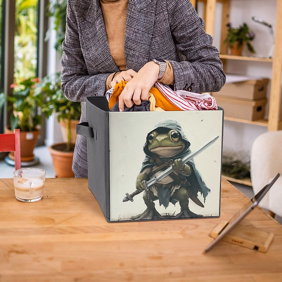 DuduYH Cute Frog Cube Storage Bins Frog Illustration Art Storage Cubes Foldable Decorative Fabric Storage Baskets Home Organizers with Handles for Shelves,Closet, 10.6 X 10.6 Inch