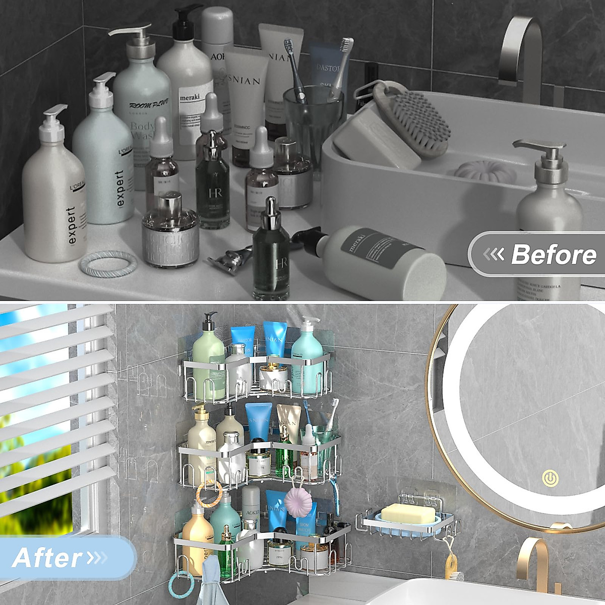 stusgo 4 Pack Corner Shower Caddy with Soap Holder, Adhesive Shower Shelves No Drilling, Rustproof Stainless Steel Bathroom Shower Organizer with Hooks, Shower Shelf for Inside Shower, Silver